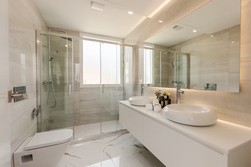 Large Double Bathroom with Standing Shower and Twin Sinks in ...