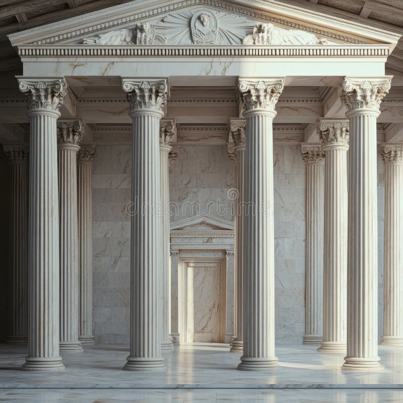 The Image is of a Large, Empty Building with White Pillars and a Marble ...