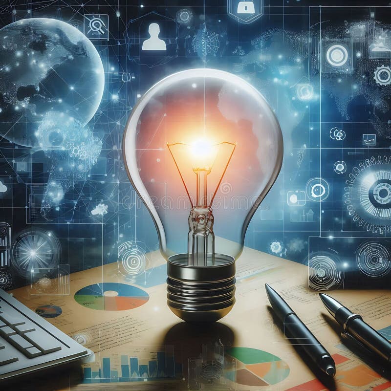 Image is of a Large Light Bulb with Glowing Light on a Digital ...