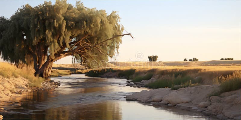 The Image is of a Large Tree Next To a River on the Plains in the ...