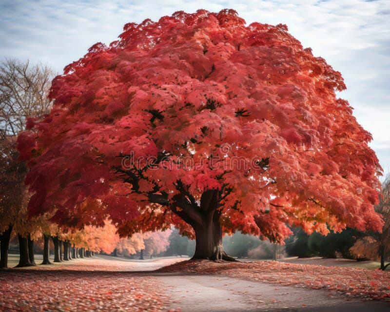 An Image of a Large Tree with Red Leaves Stock Image - Image of road ...