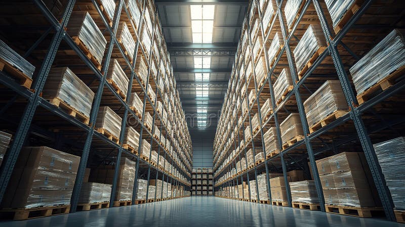 Vast Warehouse Inventory: Rows of Pallets and Boxes in a Modern ...