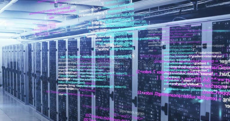 Image of Layers of Blue, Pink and White Text Data Processing Over Server Room Stock Illustration ...