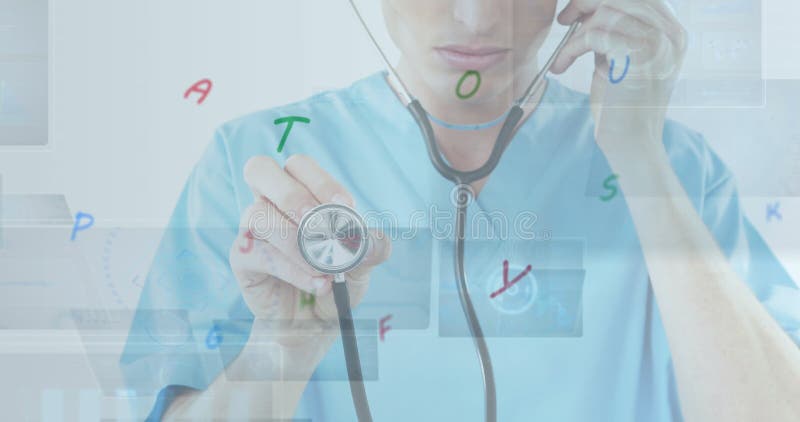 Image of Letters Changing and Scopes on Screens Over Female Doctor with ...