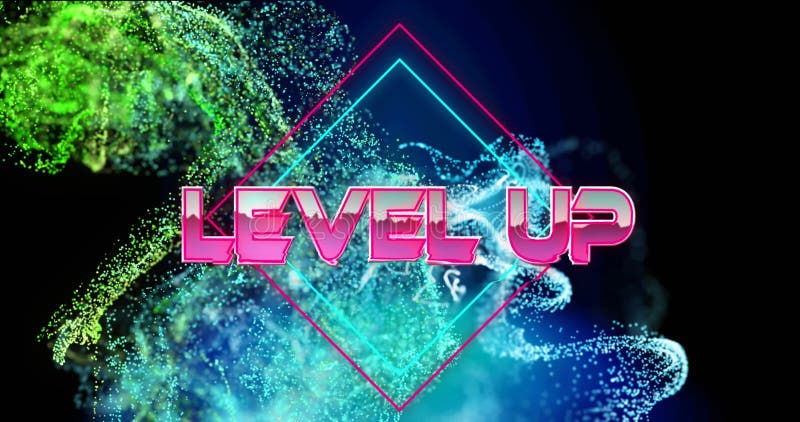 Image of Level Up Text Banner Over Glowing Blue and Green Digital Wave ...
