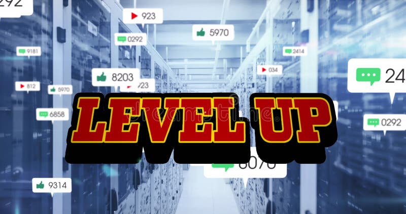 Image of Level Up Text and Numbers Growing Over Server Room Stock ...