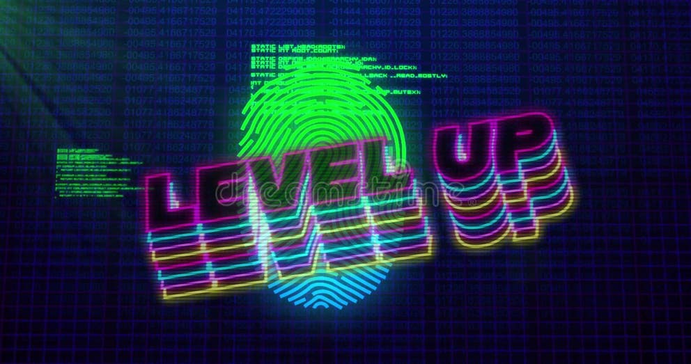 Image of Level Up Text Over Fingerprint and Data Processing on Black Background Stock Photo ...