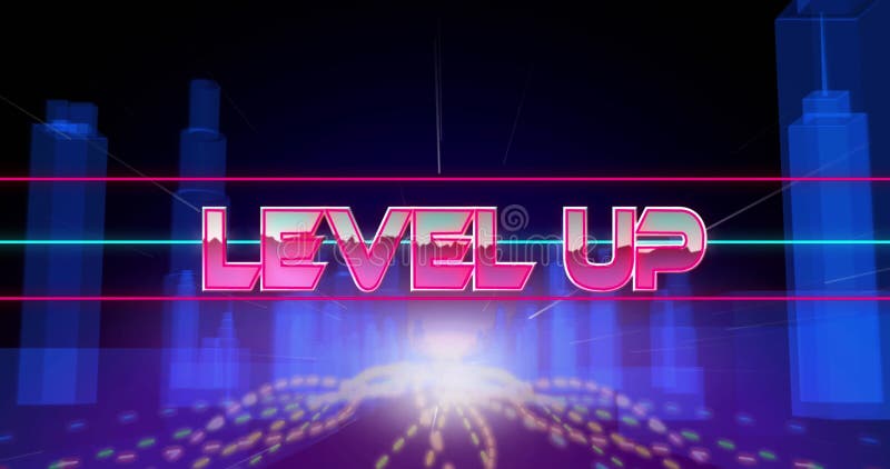 Image of Level Up Text in Pink Metallic Letters Over Digital City with ...
