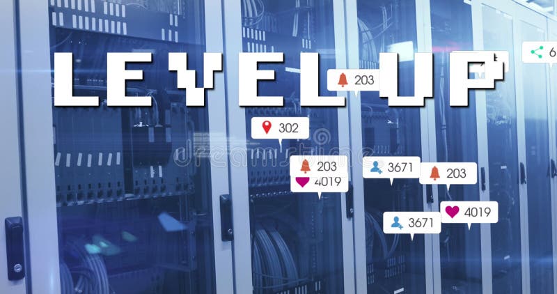 Image of Level Up Text and Social Media Icons and Numbers Over Computer ...