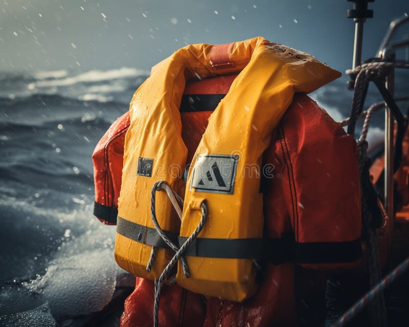 In Life Jacket on Deck of Ship Sling in a Storm Stock Illustration ...
