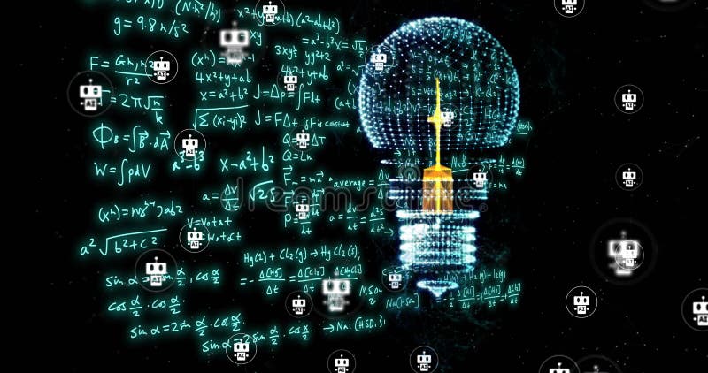 Image of Light Bulb with Ai Icons Over Mathematical Equations on Blue ...