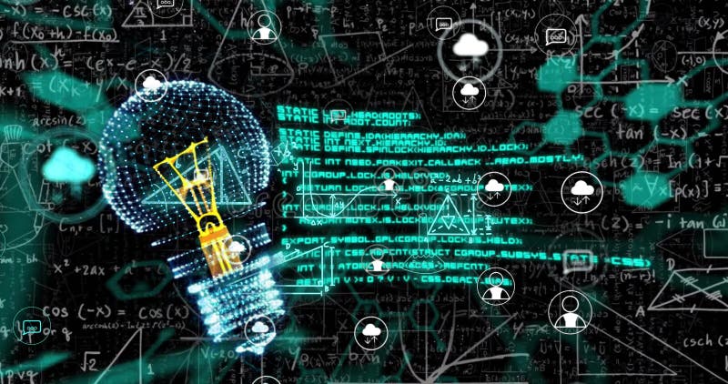 Image of Light Bulb with Icons Over Mathematical Equations on Blue ...