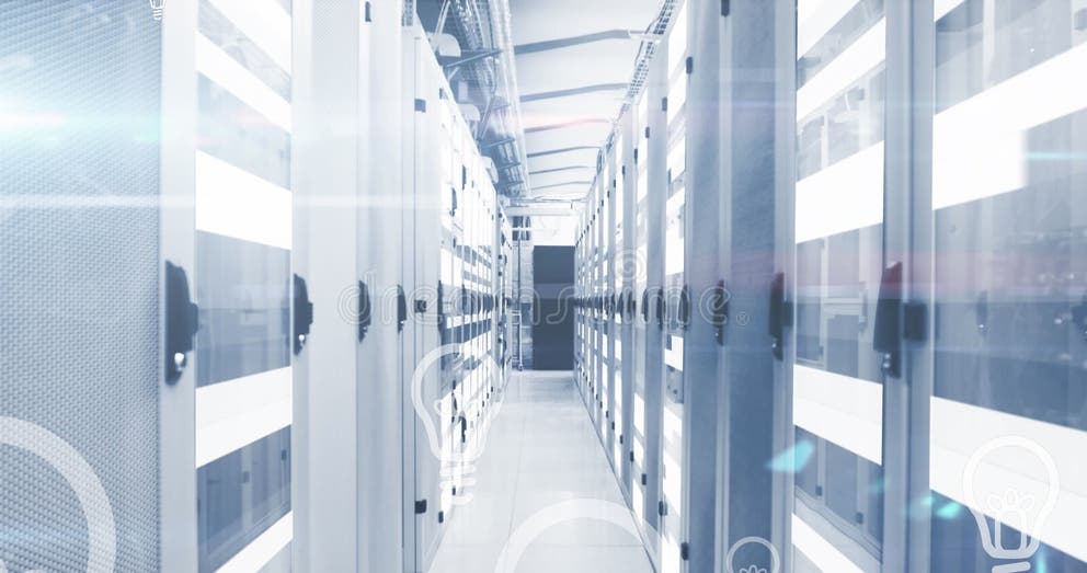 Image of Light Bulb Icons Over Moving Bars on Data Server Racks in ...