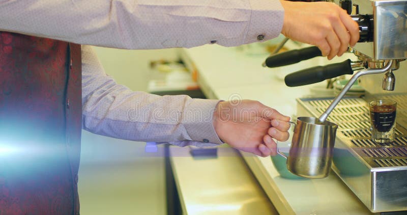 Image of Light Spots Over Caucasian Man Preparing Coffee in Cafe Stock ...