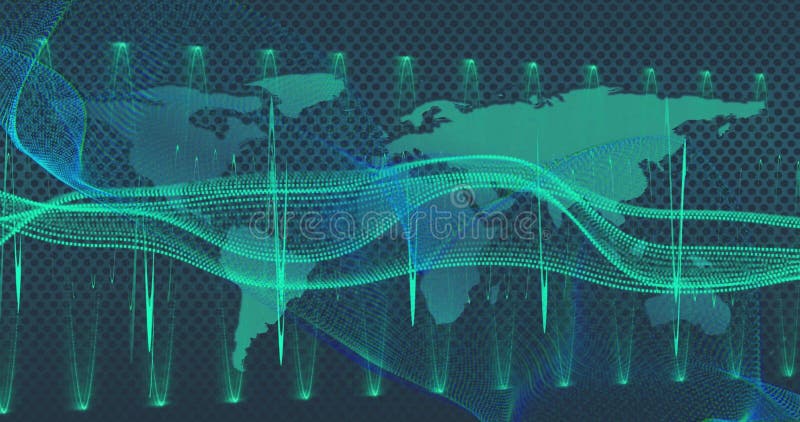 Image of Light Trails and Data Processing Over World Map on Green ...
