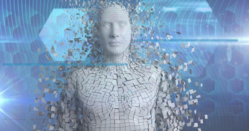 Image of Light Trails and Digital Human Over Shapes on Blue Background ...