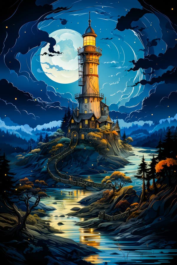 Image of Lighthouse at Night with Full Moon. Generative AI Stock ...