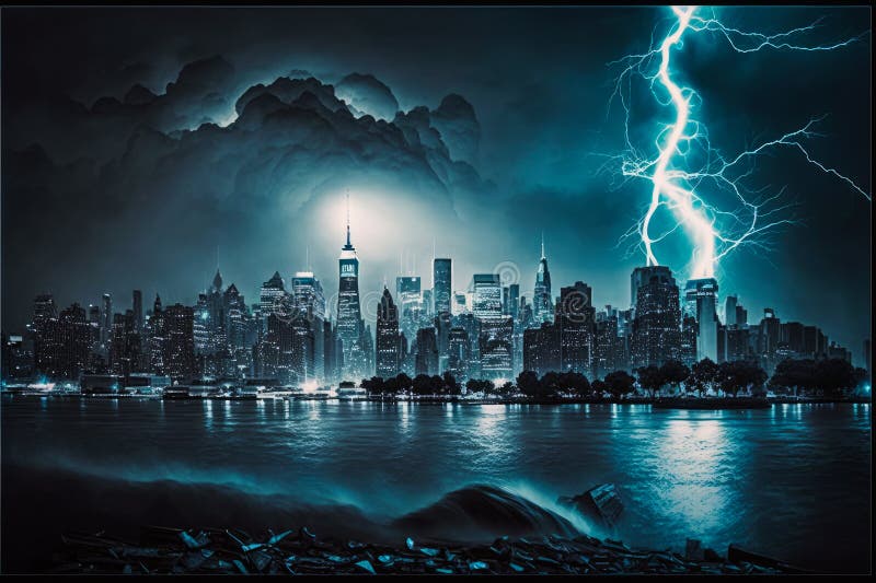 An Image of Lightning Storm Over City. Generative AI Stock Illustration ...