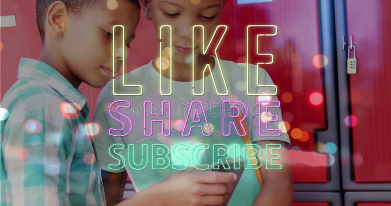 Image of Like Share Subscribe Text Over African American Siblings Using ...