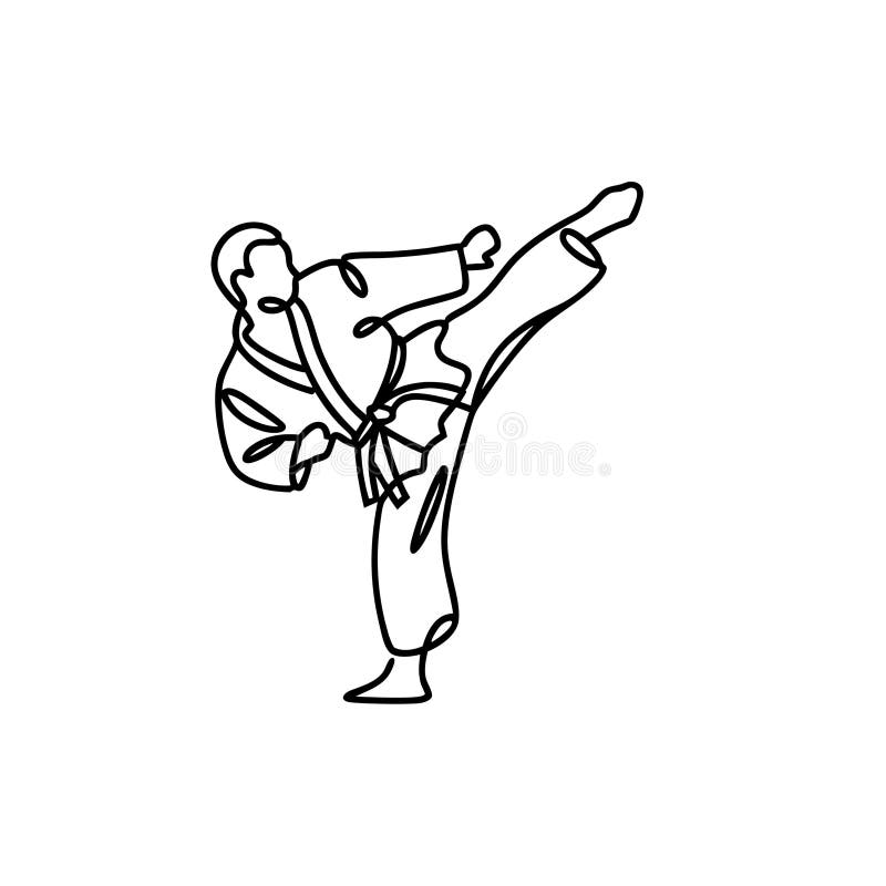Karate Martial Artist Kicking Pose Line Art Vector Illustration for ...