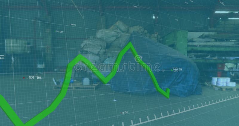 Image of Line Graph and Numbers Moving Over Abandoned Factory with ...