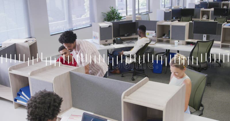 Image of Lines Forming Graph Over Diverse Coworkers Discussing on Desk ...