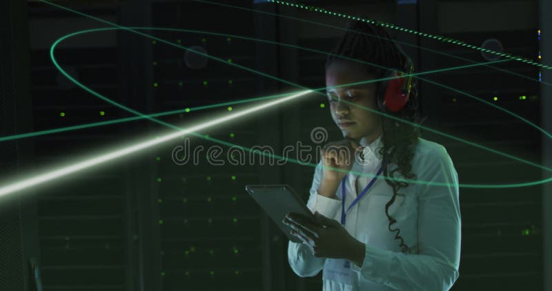 Image of Lines Moving Over African American Woman Using Smartphone ...