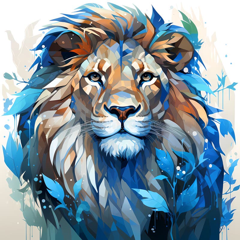 Image of Lion S Face with Blue Leaves. Generative AI Stock Illustration ...