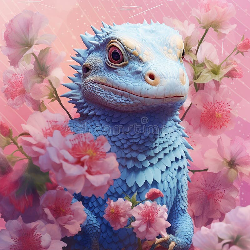 A Blue Lizard Style Creature Surrounded by Beautiful Floral. Stock ...