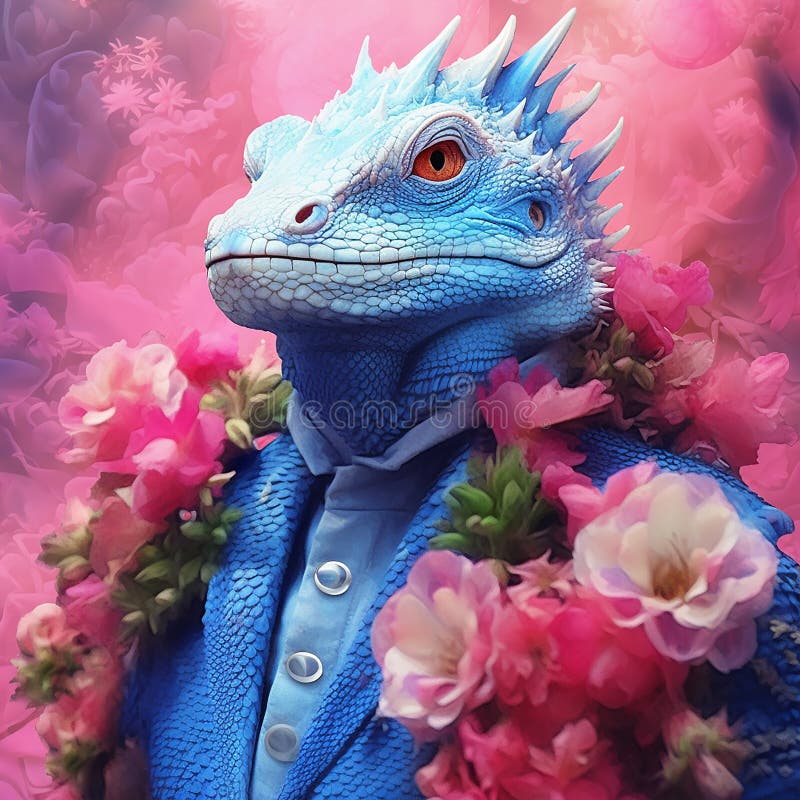 A Blue Lizard Style Creature Surrounded by Beautiful Floral. Stock ...