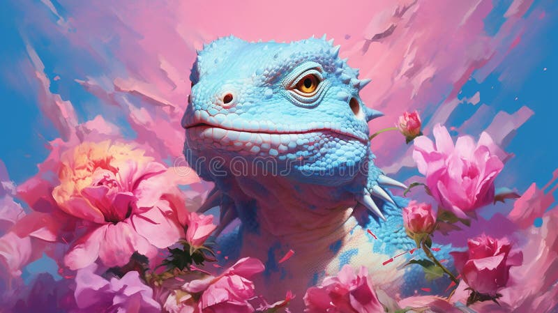 A Blue Lizard Style Creature Surrounded by Beautiful Floral. Stock ...