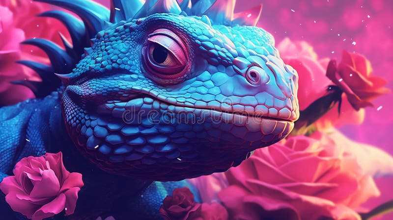 A Blue Lizard Style Creature Surrounded by Beautiful Floral. Stock ...