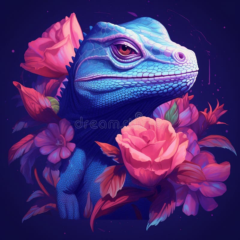 A Blue Lizard Style Creature Surrounded by Beautiful Floral. Stock ...