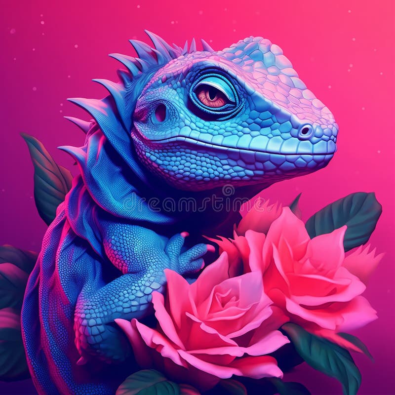 A Blue Lizard Style Creature Surrounded by Beautiful Floral. Stock ...