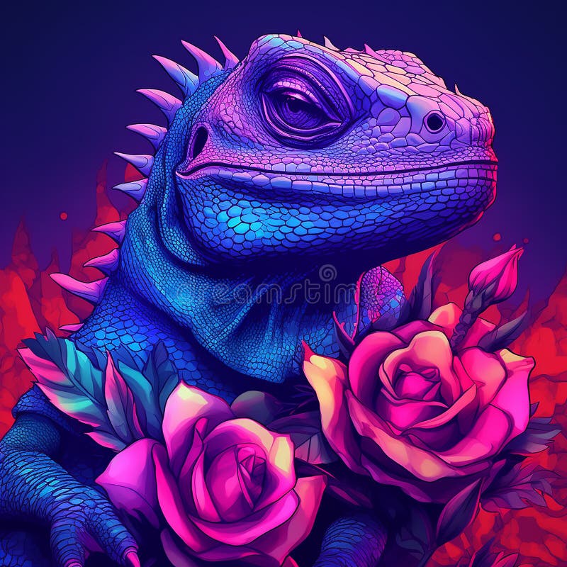 A Blue Lizard Style Creature Surrounded by Beautiful Floral. Stock ...