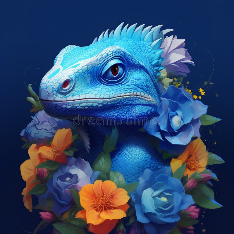 A Blue Lizard Style Creature Surrounded by Beautiful Floral. Stock ...