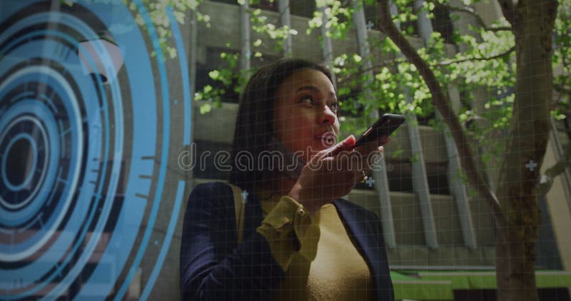 Image of Loading Circles, Biracial Woman Talking on Speaker of ...