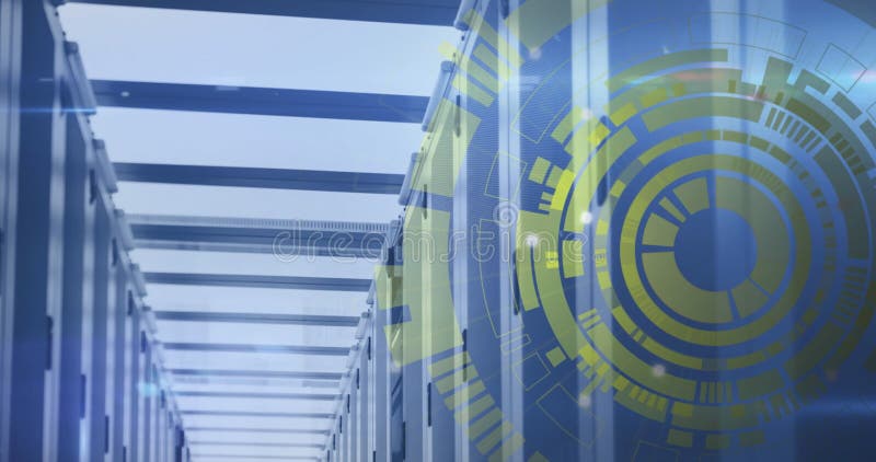 Image of Loading Circles and Computer Language Over Server Racks in ...