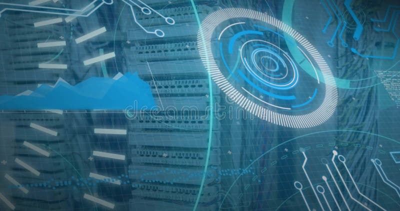 Image of Loading Circles, 5g Text, Graph and Circuit Board Pattern Over Data Server Systems ...