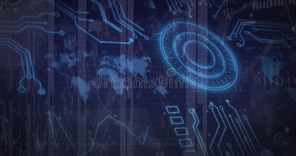 Image of Loading Circles, Map and Circuit Board Pattern Over Data Server Racks in Server Room ...