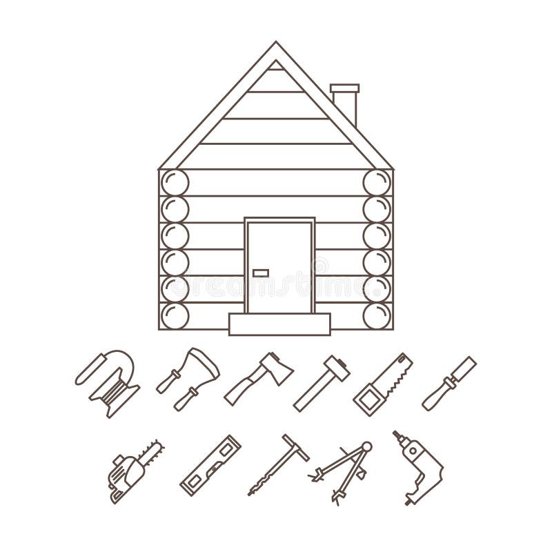 The Image of a Log House and Tools for Its Construction. Stock Vector ...