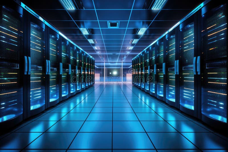 An Image of a Long Hallway with Rows of Servers in a Data Center ...