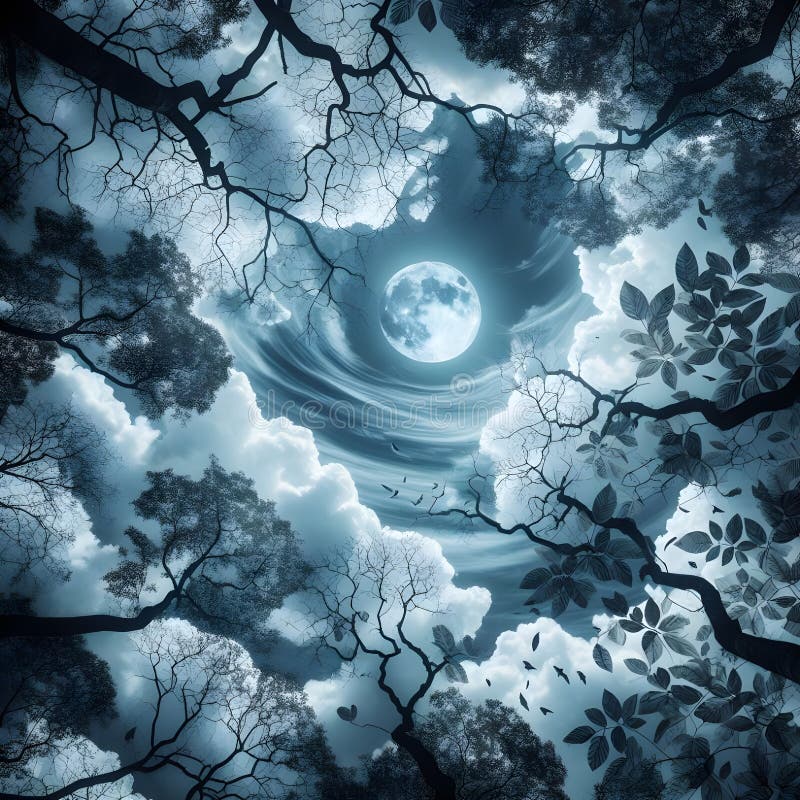 Image of Looking Up the Sky,moon is Seen through the Branches and ...