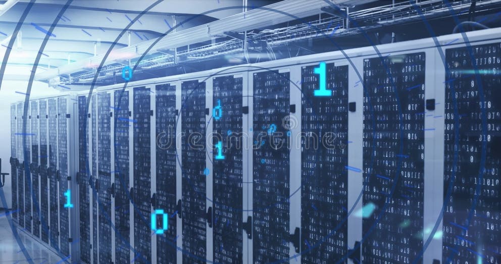 Image of Looping Binary Codes in Circular Tunnel Over Bars on Server Racks in Server Room Stock ...