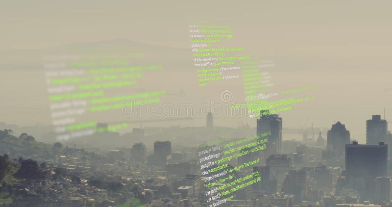 Image of Looping Computer Language Over Fog Covered Modern City Against ...