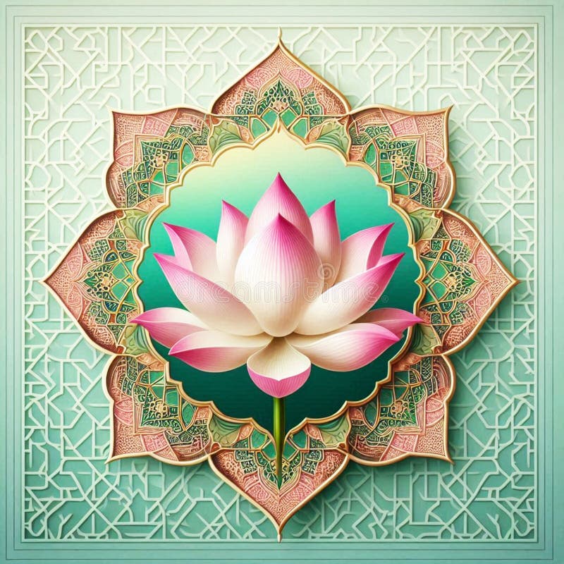 Image of Lotus Flower Surrounded by Seamless Islamic Geometric Pattern ...