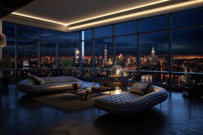 An Image of a Luxurious Penthouse at Night, Overlooking a City Skyline ...