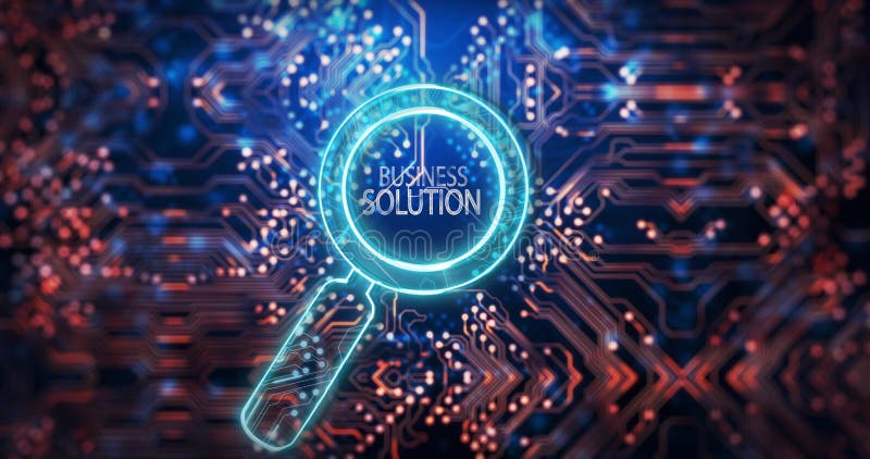 Image of Magnifying Glass with Business Solution Text Over Computer ...