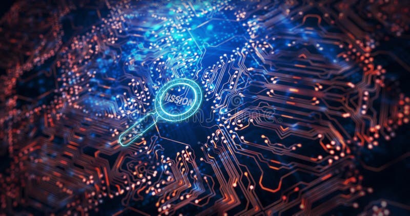 Image of Magnifying Glass with Mission Text Over Computer Circuit Board ...