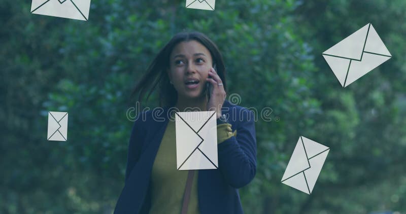 Image of Mail Message Envelope Isons Over Woman Talking on Smartphone ...